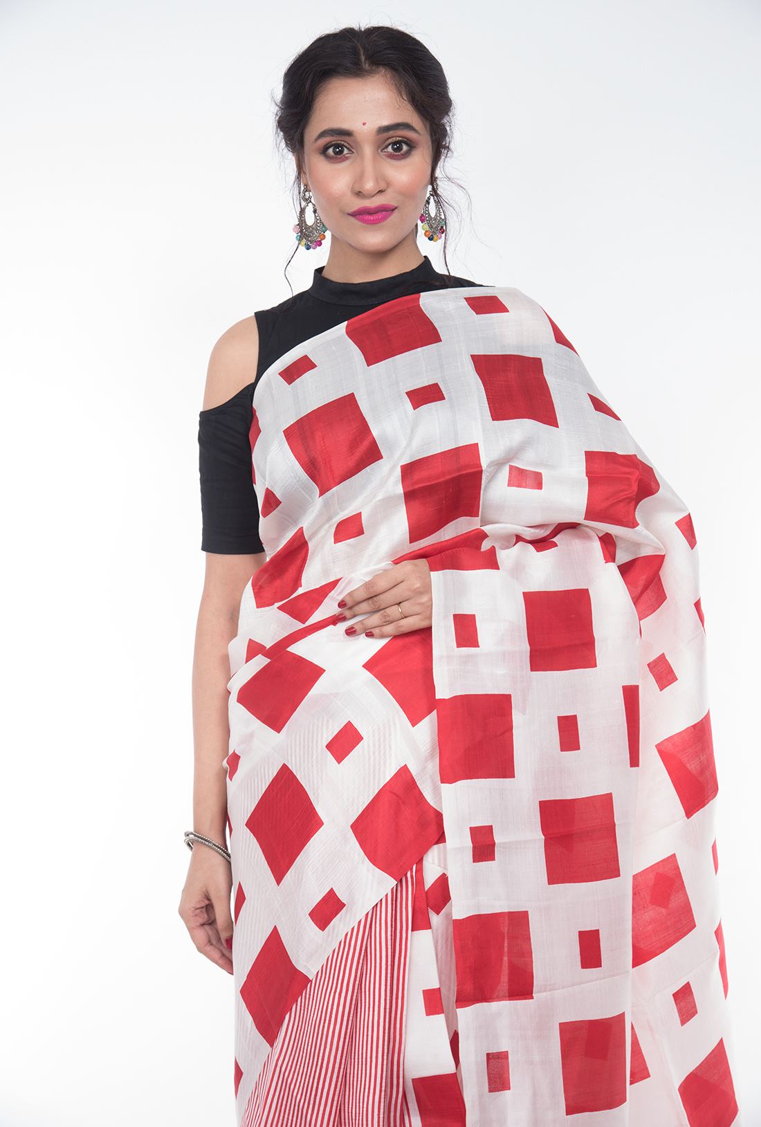 White & Red Printed Pure Bishnupuri Soft Silk Saree In Contemporary ...